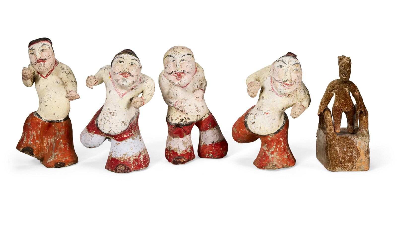 A group of five painted pottery figures of entertainers, Han dynasty ...