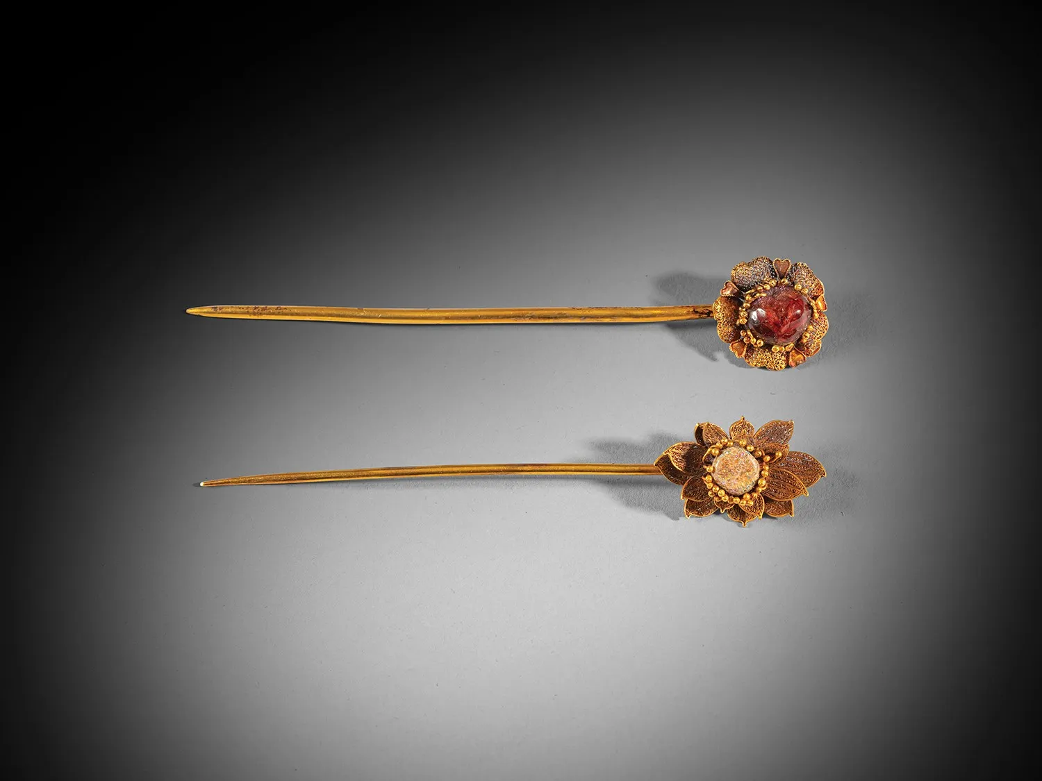 Two corundum and opal inlaid gold hair pins, Ming dynasty (1368 - 1644 ...