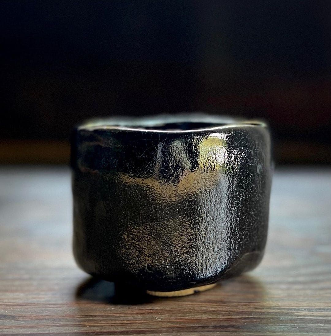 Raku Jikinyū XV (b.1949), Black Raku tea bowl named Kankakei (Flower ...
